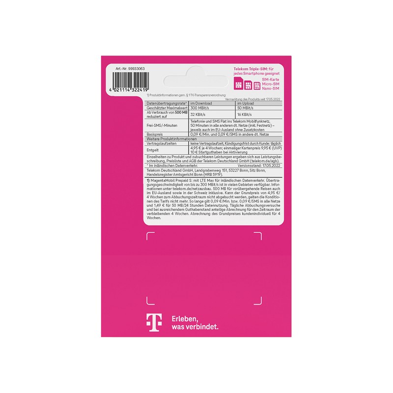 Telekom MAGENTA MOBIL Prepaid S für 200 °P + 7,95 € » portofrei ...